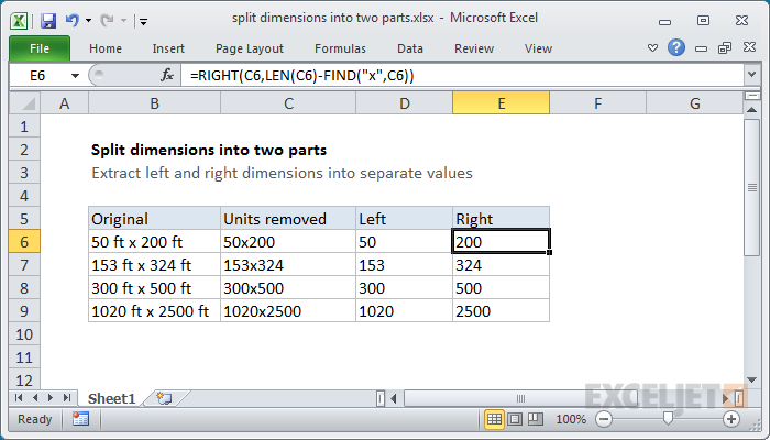 Split dimensions into two parts - Excel formula | Exceljet